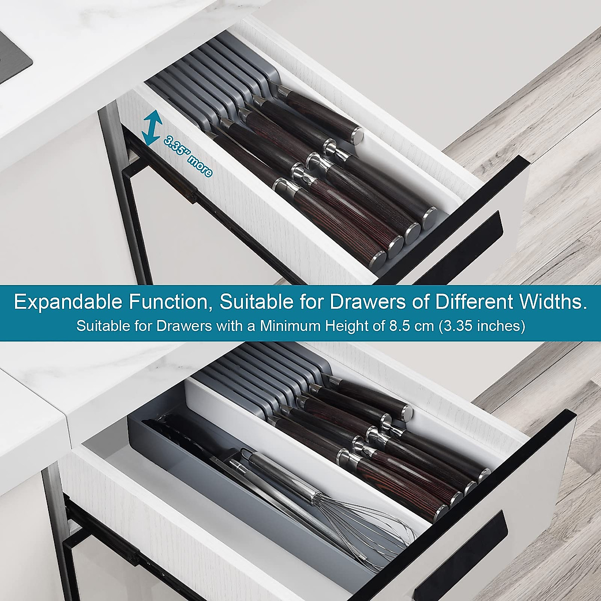 Expandable Kitchen Knife Drawer Organizer, Compact Cutlery Organizer Storage Knife Holder, With Adjustable Storage Tray for Knife Block, Insert-Holds 9 Knives and Store Other Kitchen Gadgets