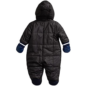 URBAN REPUBLIC Baby Boys' Pram Snowsuit - Quilted Fleece Lined Bodysuit - Outerwear Coveralls, Removable Mittens (3-9M), Size 9 Months, Black Sherpa Footed