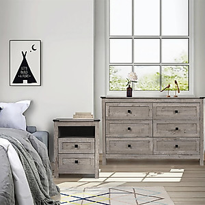 CATMIX Farmhouse Drawers Dresser, Wood Double Dresser Chest of Drawers Wide Storage Organizer Cabinet for Bedroom, Living Room (Rustic Grey, Combo Pack 6+2)