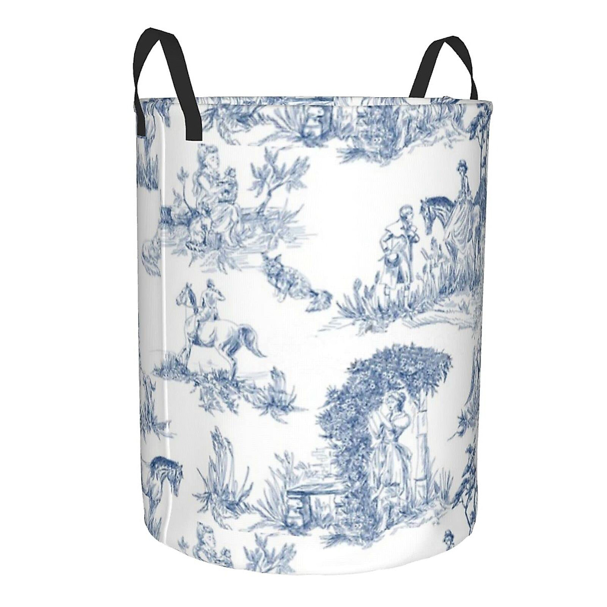 Laundry Hamper With Handles-Unique Toile Design Blue Laundry Basket-Round Storage Bin Dirty Clothes Basket