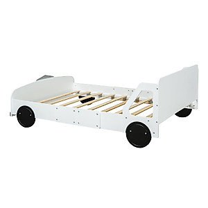 MiHunnor Kids Race Car Bed, Full Size Car-Shaped Platform Bed with Wheels, Wooden Low Platform Bed with Sturdy Slat Support for Boys Girls, No Box Spring Needed (White-002)