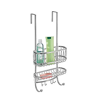 iDesign York Bathroom Over the Door Shower Caddy with Storage Baskets Shelves and Hooks for Shampoo, Conditioner, Soap, Silver