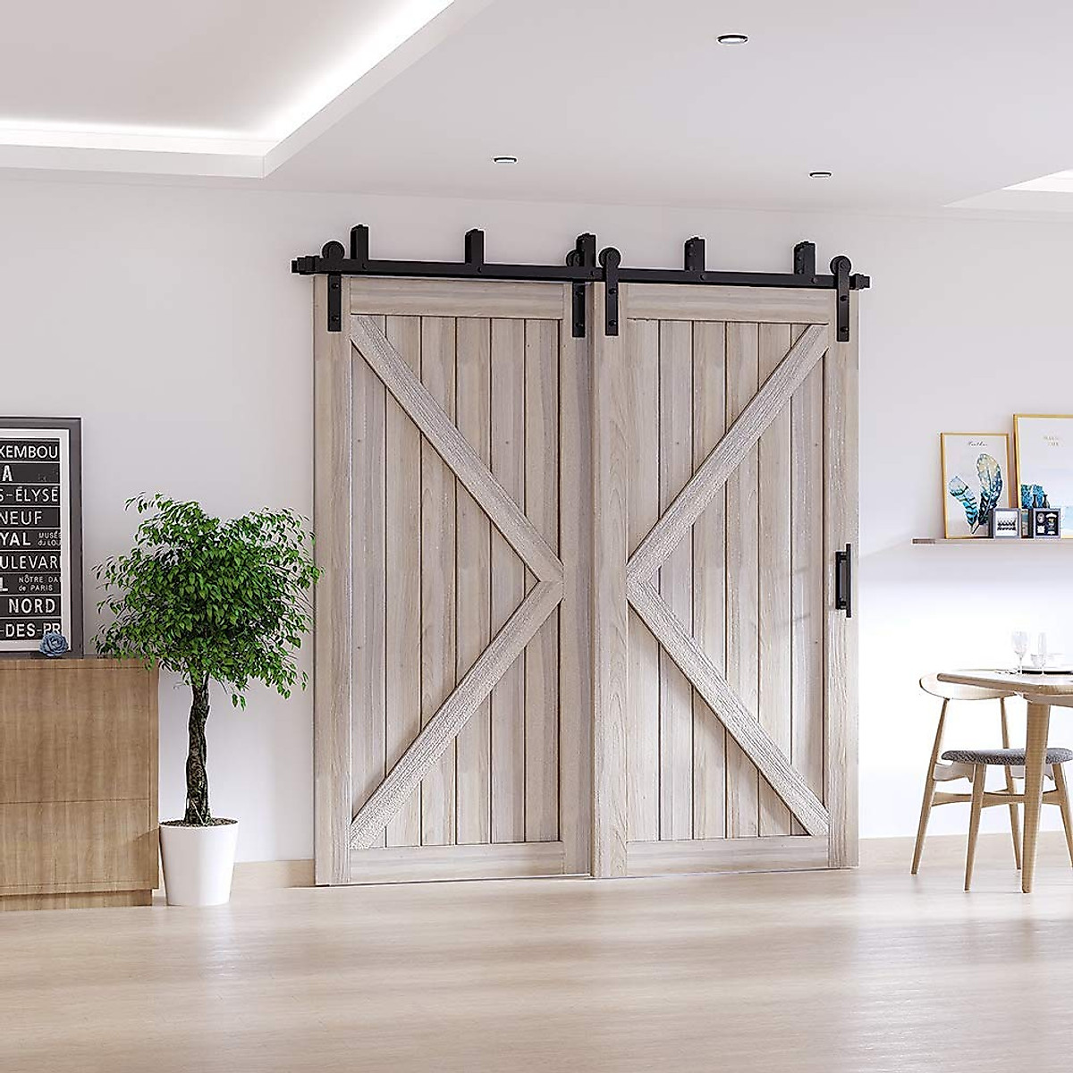 ZEKOO 5FT-16FT Bypass Barn Door Hardware Kit Double Track Low Ceiling Bracket with Metal Hanger for Double Sliding Barn Door (10FT Bypass Kit)