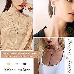 FOCALOOK Black Necklace Earrings Set for Women Long Black Lariat Chain with Drop Vertical Bar Earrings Jewelry Set