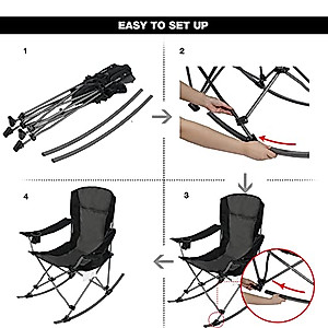 Varbucamp Camping Rocking Chair Outdoor, Folding Heavy Duty Rocker Patio Lawn Chair with High Back, Portable for Indoor Outside Garden, Black Padded Back