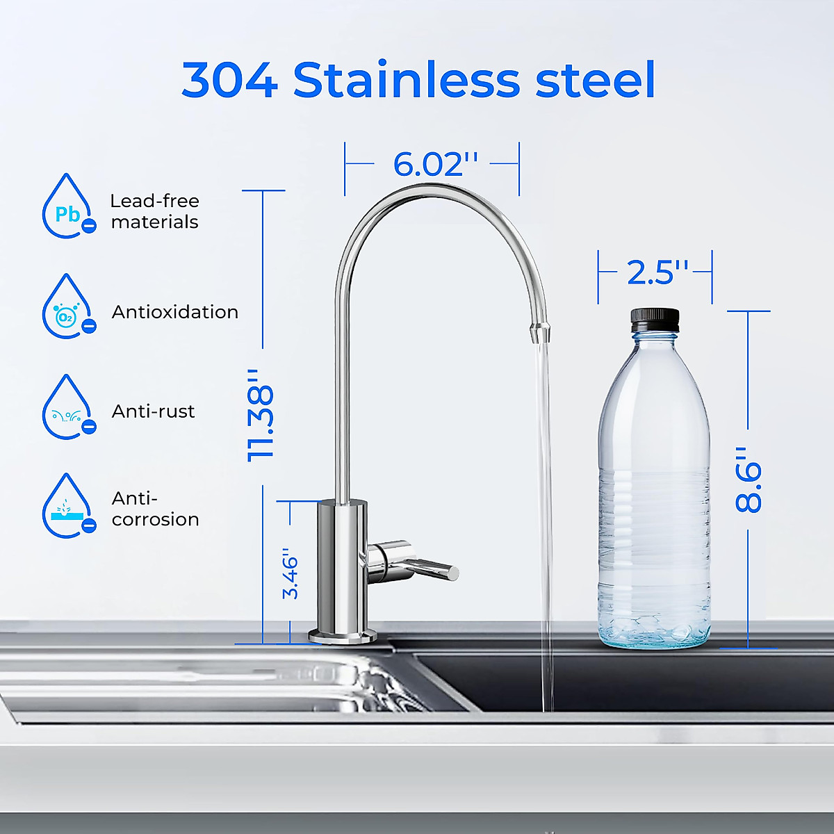 Waterdrop Polished Chrome Filtered Water Faucet, Drinking Water Faucet, Reverse Osmosis Faucet, RO Faucet, RO Water Faucet, Water Filter Faucet for Kitchen Sink, Stainless Steel, Lead-Free