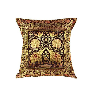 DecorHack by Arusaya Elephant Design Solid Silk Brocade 17 X 17 Inch Sofa Décor Throw Pillowcase (Brown)