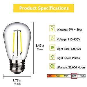 ZHZHLED 25-Pack LED S14 Bulbs 2W String Light Replacement Bulbs, Shatterproof Outdoor 20 Watt Equivalent 5000K Daylight S14 Light Bulbs for Patio Garden, Clear Plastic Cover E26 Base, Non-Dimmable
