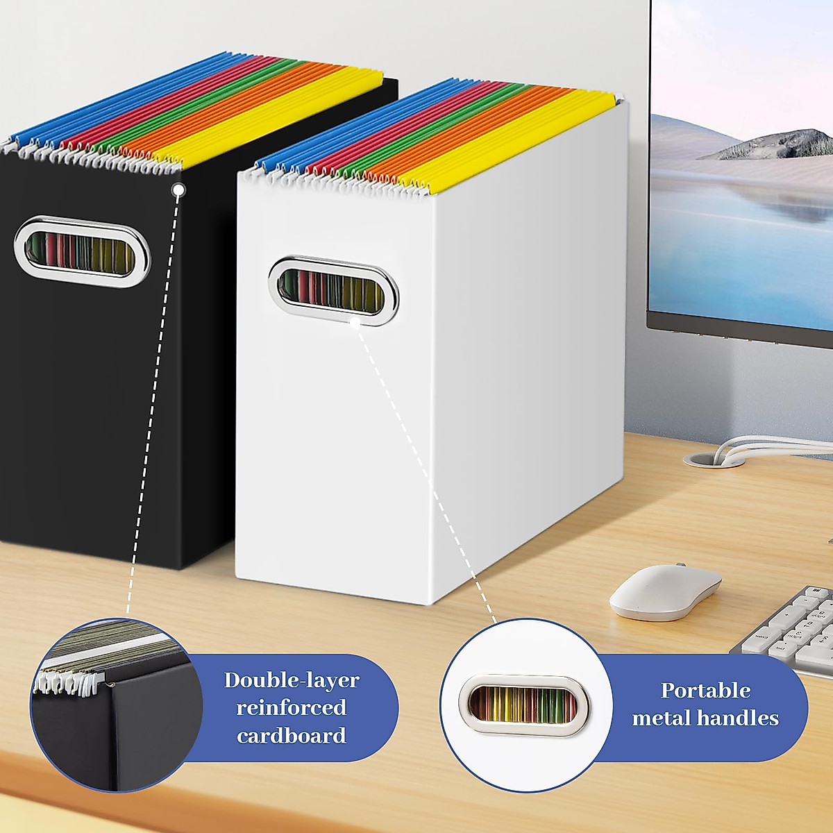 Tunnkit File Organizer, Cardboard File Box for Letter Size Hanging File Folder Storage, Collapsible Hanging File Organizer with Handles for Office/ Home/ School, White, 2 Packs