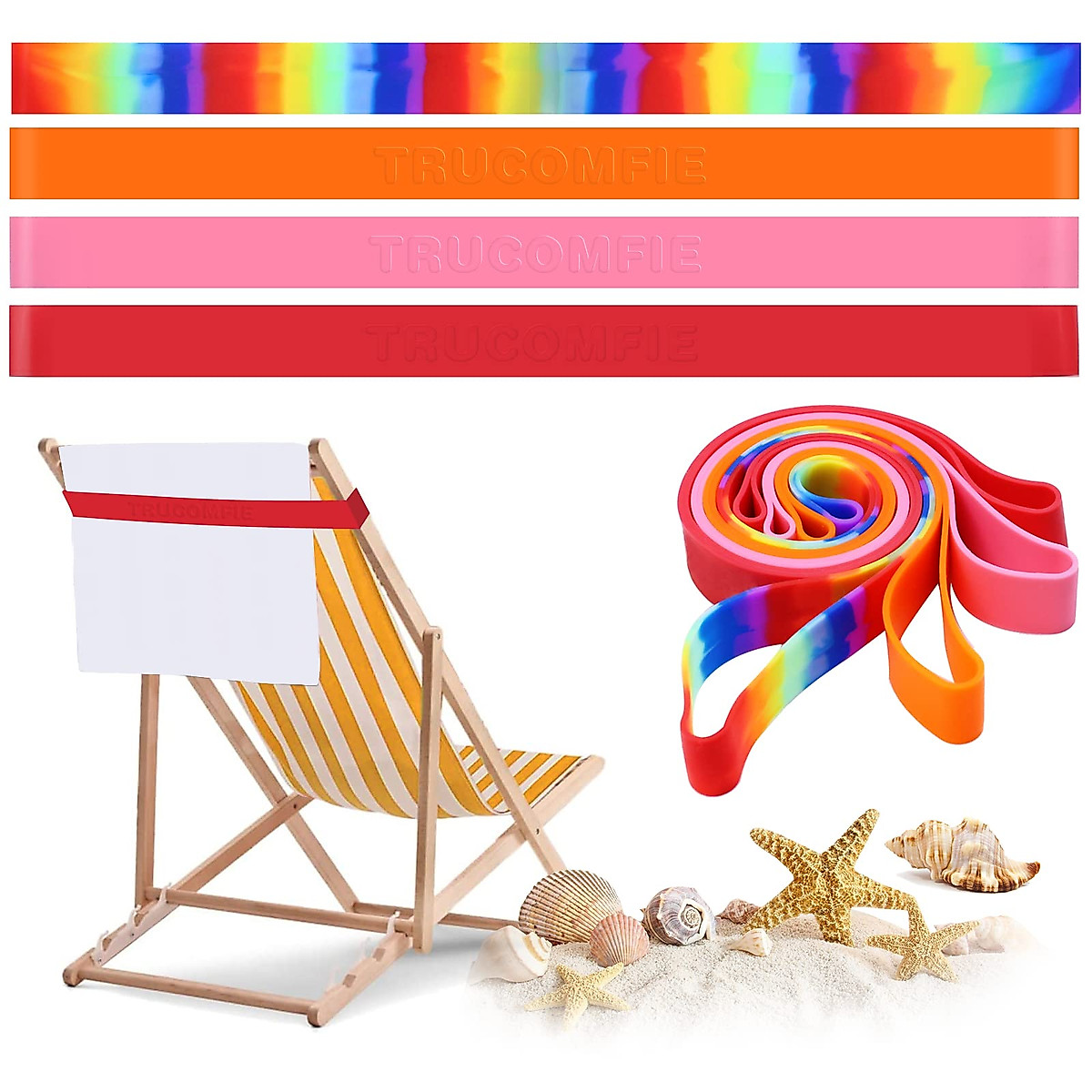4 Pack Towel Bands for Beach, Pool & Cruise Chairs, Silicone-No Snapping in The Sun, Great Alternative for Beach Towel Clips (Red, Pink, Orange, Rainbow)