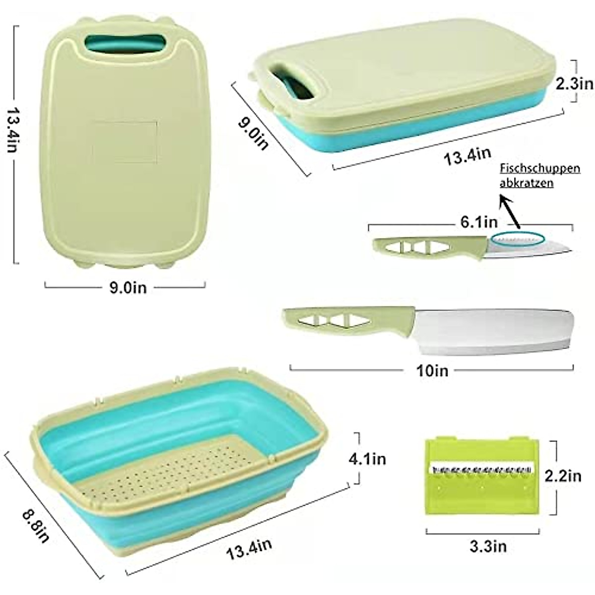 BUYONE Collapsible Cutting Board, Foldable Chopping with Colander, 9-In-1 Multi Kitchen Vegetable Washing Basket Silicone Dish Tub for Camping, Picnic, BBQ, Kitchen-Green, LSBL1T, One Size