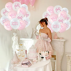 48 Pcs Pink Bow Balloons Coquette Birthday Decorations Include Bow Light Pink Balloons White Balloons for Pink Bow Birthday Party Supplies