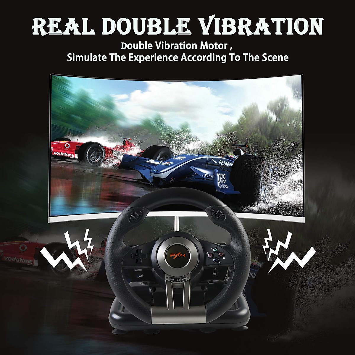 Racing Wheel, PXN-V3II 180° Game Racing Steering Wheel with Pedal and Shift Paddle, Compatible for PC, PS3, PS4, Xbox One, Nintendo Switch.（Black）