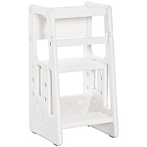 Qaba Toddler Tower with Adjustable Height, Toddler Kitchen Stool Helper with Anti-Slip Mat, Step Stool for Kitchen, Bathroom, White