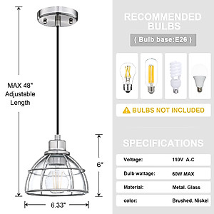 Industrial Hanging Drum Indoor Pendant Ceiling Light Kitchen Island Fixtures Brushed Nickel Finish,Metal Shade for Bar Dining Room Corridor Living Room (3 Pack, Clear Glass Pendant Light)