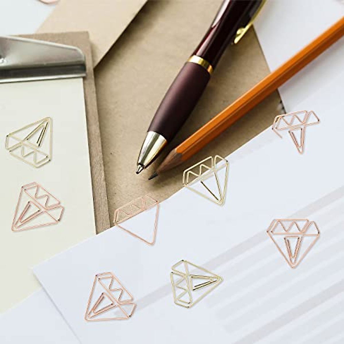 ZELARO 20 Pieces Cute Paper Clips, Small Diamond Shaped Paperclips Metal Bookmarks Clips for School Office Supplies, Wedding Invitation Decor (Gold)