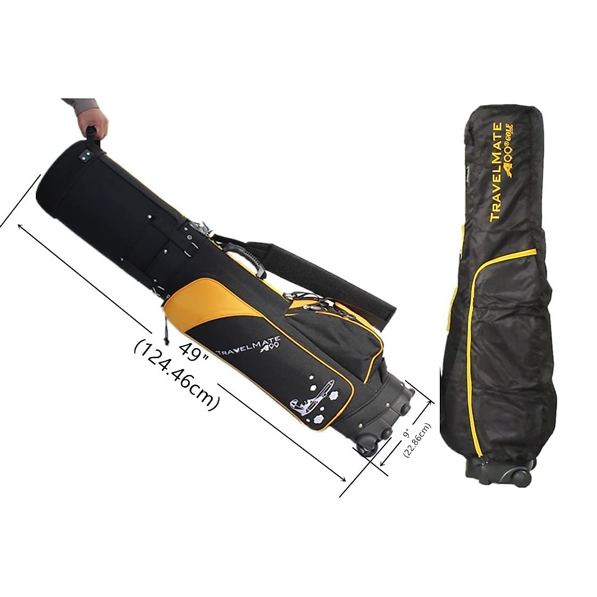 A99Golf Travel Mate with Skin Cover Wheeled W. TSA Lock Air Porter Golf Travel Bag cart Bag Travel Cover Golf Bag (Blk/Gold)