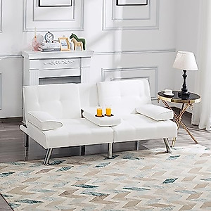 Verfur Convertible Sleeper, White w/ 2 Cupholders and Removable Pillow Top Armrest