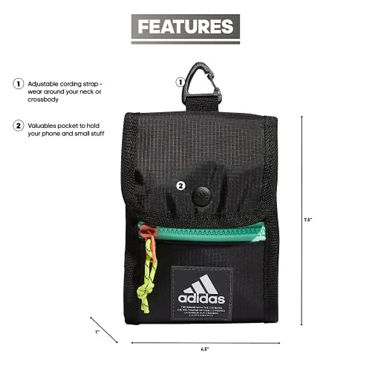 adidas Neck Pouch Crossbody Travel and Festival Wallet, Black/Pulse Mint Green/Semi Coral Fusion Pink, One Size