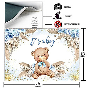 Avezano Boho Bear Baby Shower Backdrop for Boy's Party Decorations Blue Pampas Grass It's a Boy Baby Shower Photography Background Bohemian Bear Baby Shower Decorations Photoshoot (7x5ft)