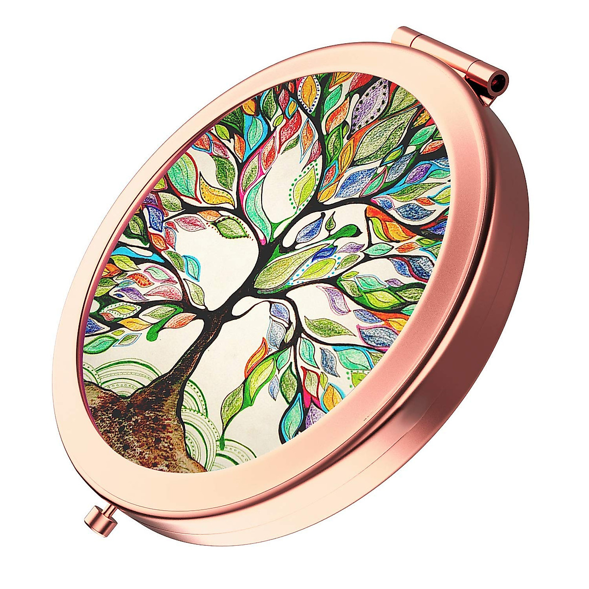 YCKMD Rose Gold Travel Purse Mirror Compact Double Sides 2X & 1x Magnification Hand Mirror Metal Round Bohemian Mirror for Women and Girls-Life Tree