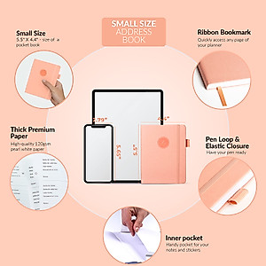 GoGirl Address Book – Telephone and Address Book with Alphabetic Tabs for Safely Storing Contacts, Small-Sized (4.0″ x 5.5″) PU Leather Hardcover – Peach Pink