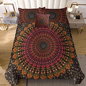 Sleepwish 4pcs Bohemian Duvet Cover Set Full Size for Kids Boys Girls Soft Paisley Black Orange Mandala Bedding Set, 1 Duvet Cover 2 Pillowcases 1 Cushion Cover