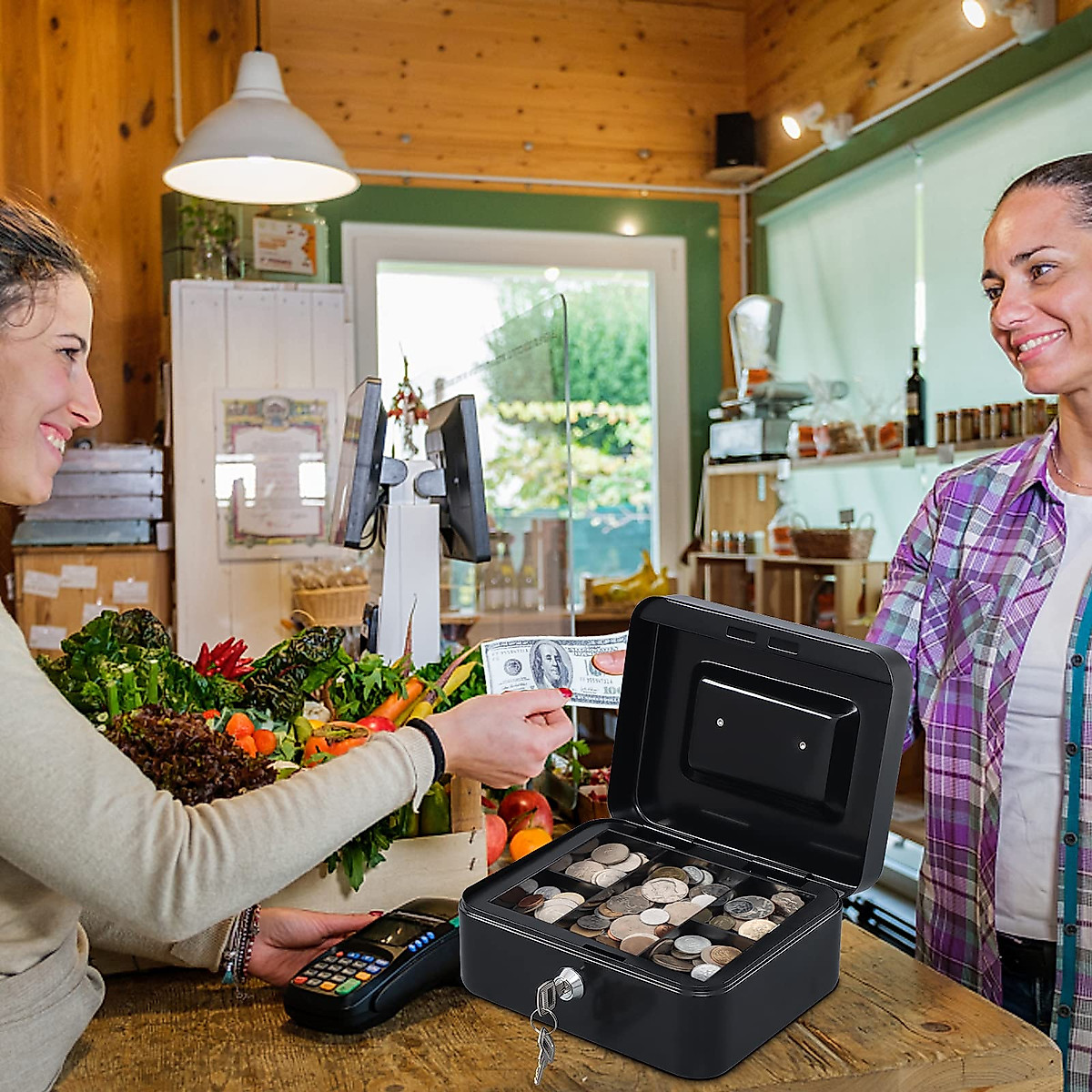 KYODOLED Medium Cash Box with Money Tray,Small Safe Lock Box with Key,Cash Drawer,7.87"x 6.30"x 3.54" Black Medium