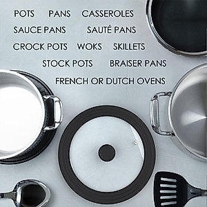 Houseables Universal Pot Lid, Pan Cover, Silicone, Tempered Glass, Black, Fits 10", 11", 12", 4mm Thick, Vented, Replacement Top for Crockpot, Cast Iron Skillet, Heat Resistant Handle, Dishwasher Safe