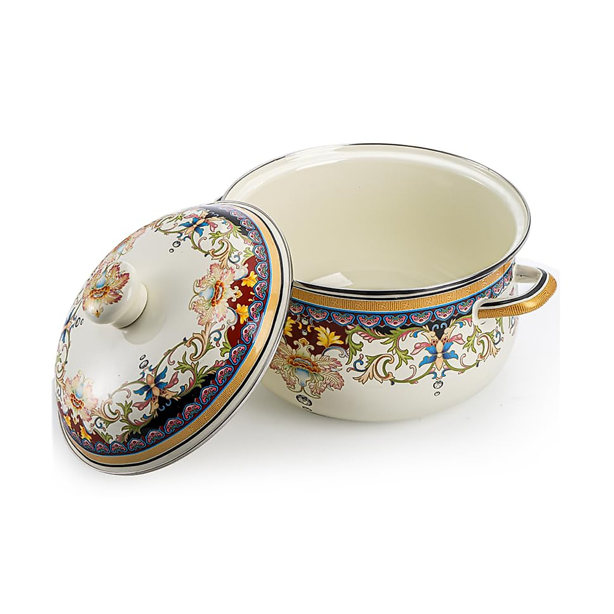 ZENFUN Kitchen Enamel Stockpot with Lid, 3.5 Quart Retro Flower Stew Bean Cooking Pot, Vintage Thicken Soup Pot with Handles, Nonstick, Safe for Induction Cookers, Gas Stove