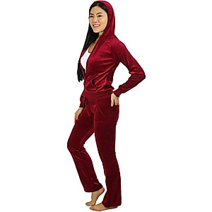 ToBeInStyle Women’s Cozy Lounge Velour Hooded Jacket and Matching Pants - Burgundy - M