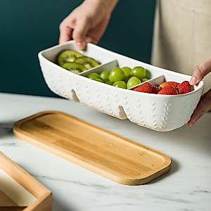 Miamolo Chip and Dip Serving Set with Acacia Wood Serving Tray, Majolica Salsa Turtles - Condiment Tray for Snacks, Appetizers, Charcuterie, Candy, Food, Divided Party Serving Trays