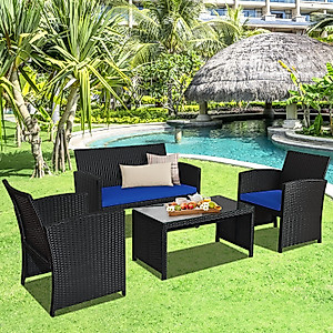 DORTALA 4 Pieces Patio Wicker Conversation Furniture Set, Outdoor Rattan Sofas with Bistro Sets with Coffee Table for Courtyard Balcony Wicker Chairs with Soft Cushion and Table, Navy