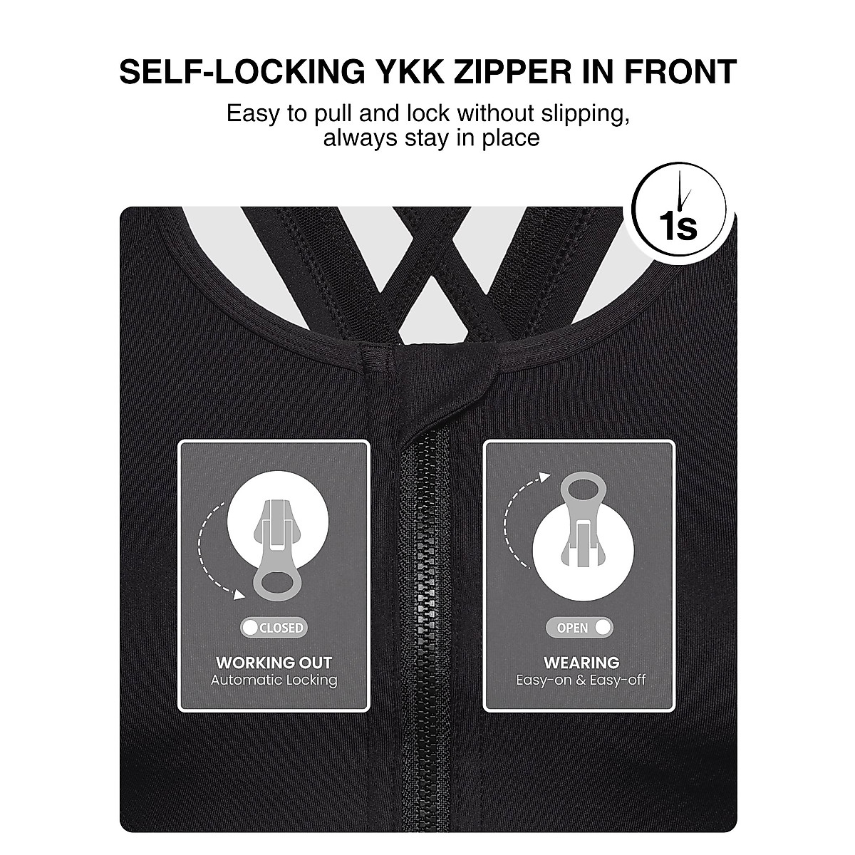 Yvette Zip Front Close Sports Bra - High Impact Full Support for Large Bust,Sewn in Pads,Wireless and Supportive, Black,M+