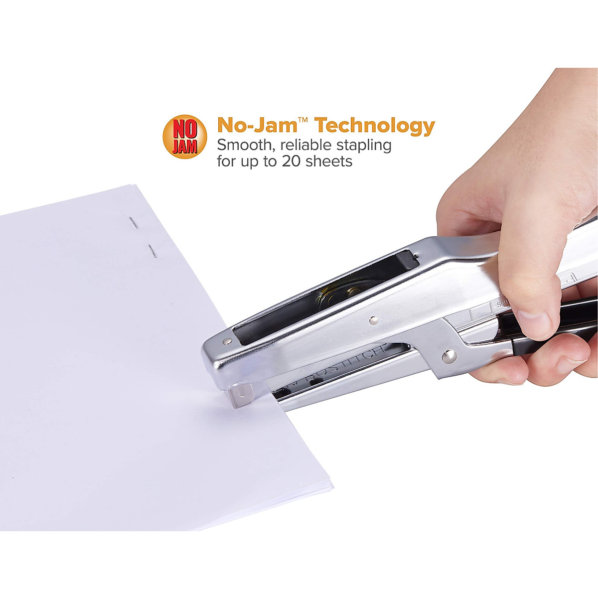 Bostitch Office Plier Stapler, 20 Sheet Capacity, EZ Squeeze Handle, Reduced Effort, No Jam Technology, Chrome
