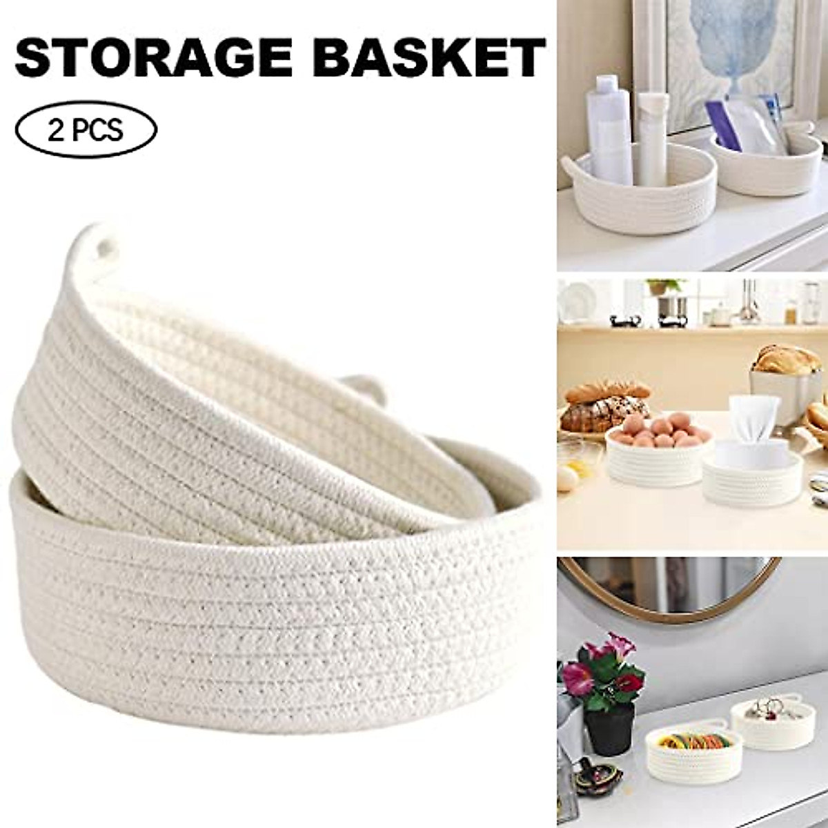 Bothyi 2 Pieces Round Small Woven Baskets Set Storage Gifts Mini Tray Montessori Rope Basket for Bedroom Drawer Nursery, White