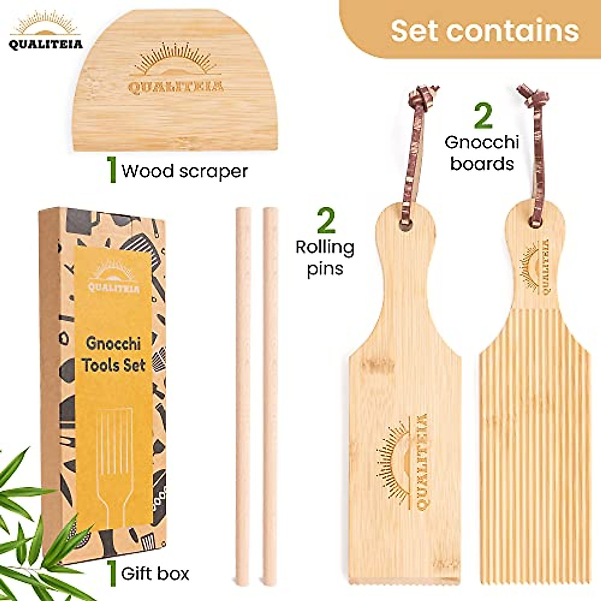 Qualiteia Gnocchi Board Set for Rolling Dough - 2 Pcs Paddles Rollers 1 Pc Cutter Authentic Pasta Shaper Tools Butter Maker Garganelli Cavatelli Tortellini Cavarola Roller Great Cutlery Gift, 9
