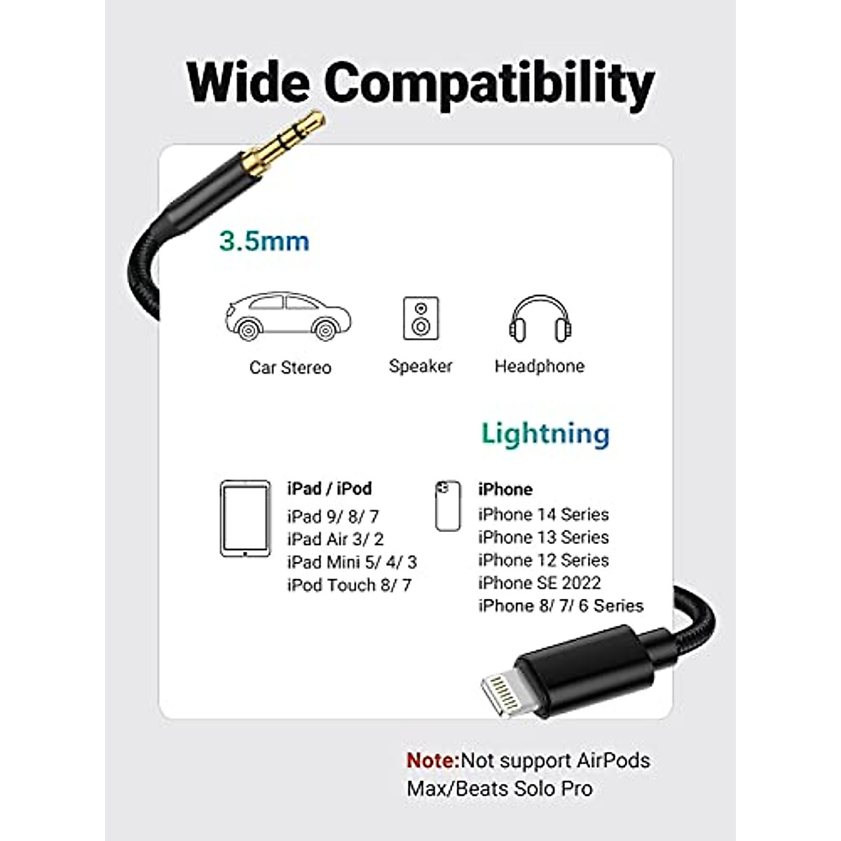 Lightning to 3.5mm Aux Cord, 3.3FT Weave Stereo Audio Cable for iPhone, Compatible with iPhone 14 13 12 11 XS XR X 8 7 6 iPad iPod for Car Home Stereo, Speaker, Headphone, Support All iOS Version