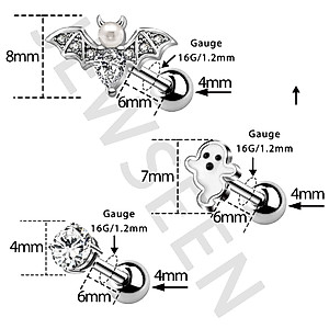 Jewseen 16g Cartilage Earring 3pcs Conch Earring 316L Stainless Steel Helix Earring Bat Tragus Earrings Ghost Piercing Jewelry for Halloween Day