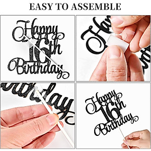16th Birthday Cake Decorations Set Include 16th Birthday Candles Numeral 16 Cake Candles and Happy 16th Birthday Cake Toppers with Heart Star Cupcake Picks for Birthday Party (Black Series)
