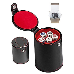 Set of Dice Cup with Storage Compartment Black PU Leather Red Felt Lined + (5) 16mm Poker Dice (Gift Boxed) (Poker (Rounded Corners, Clubs Ace) - White)
