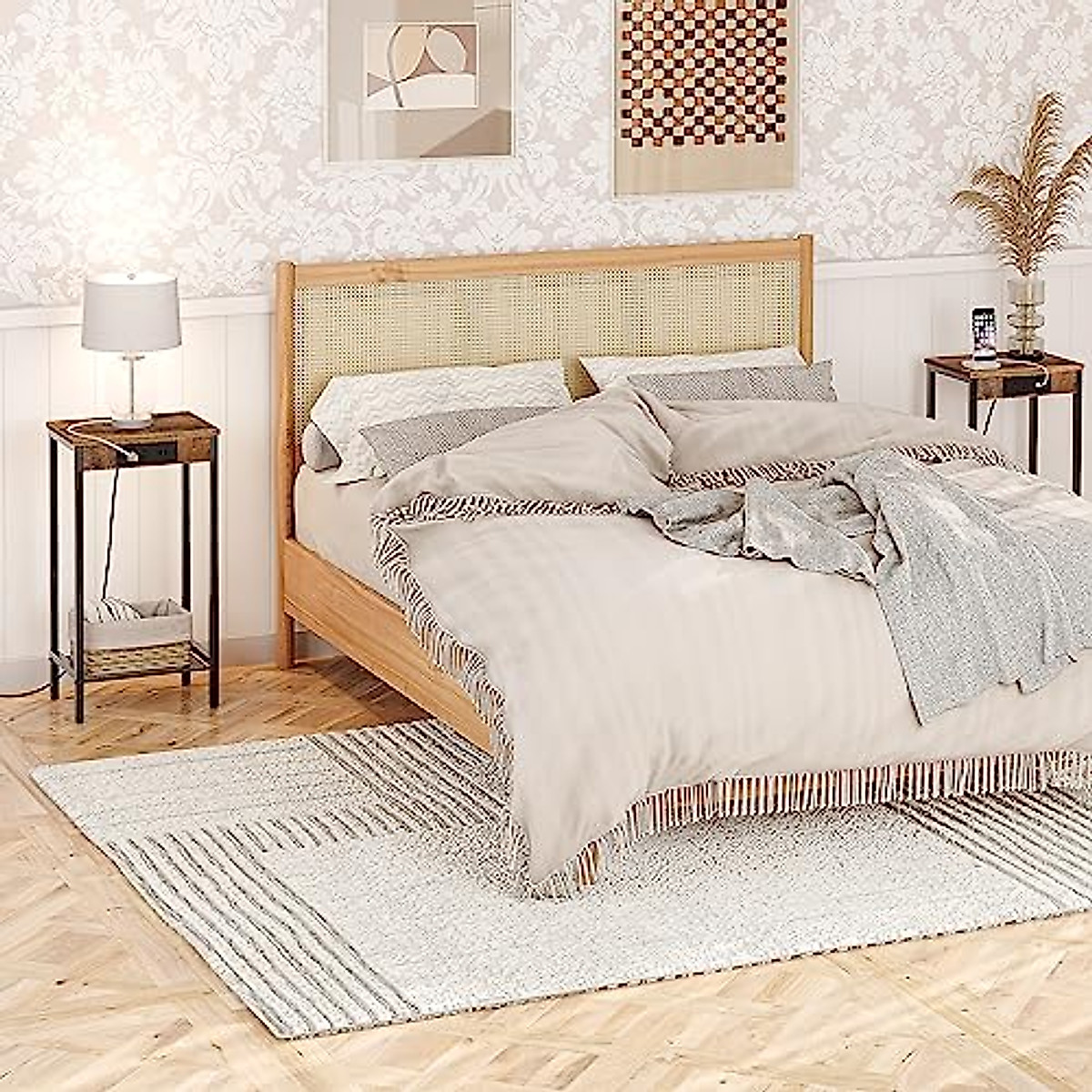HOOBRO Set of 2 Tall Side Table with Charging Station, 28.7" H Industrial Telephone End Table, Small Entryway Table, Tall Bedside Table for Living Room, Hallway, Bedroom, Rustic Brown BF08UDHP201
