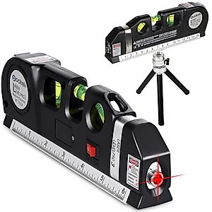 Qooltek Multipurpose Laser Level 8 feet Measure Tape Ruler Adjusted Standard and Metric Rulers for hanging pictures with Metal Tripod Stand