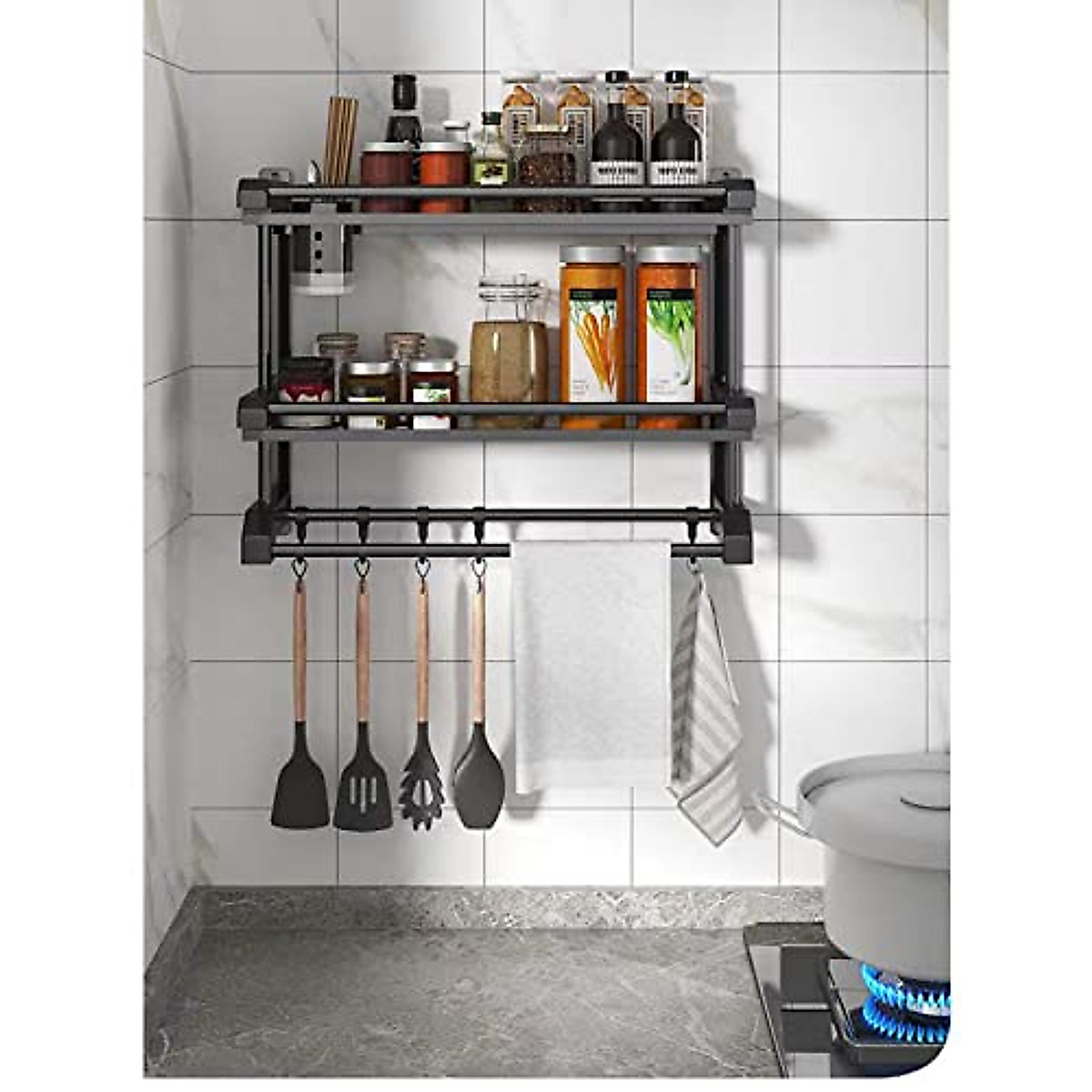 Shower Caddy Shelf Black No Drilling Shower Organizer with Hook Towel Bar Adhesive Rustproof Steel Shower Storage Shelves Adhesive Rack for Bathroom Washroom (Black)