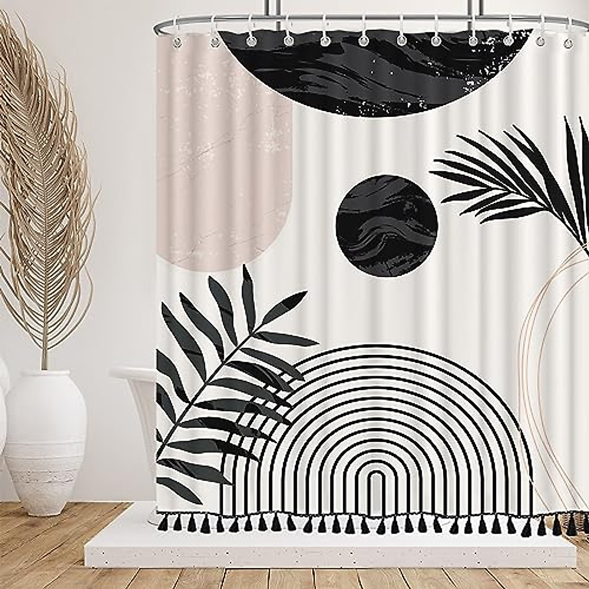 GiuMsi 72"X72" Boho Mid Century Black and White Shower Curtain Sets with Tassel Pendants Arch Sun Modern Minimalistic Leaves Bathroom Curtains Waterproof Durable Ployester 12 Hooks Home Decorations