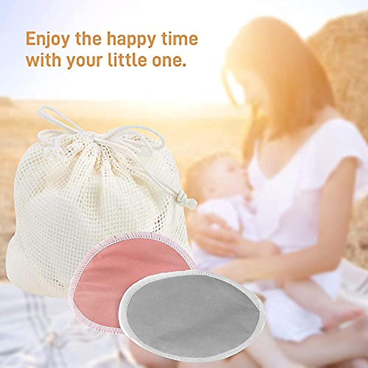 Langsprit Leak-Proof Reusable Bamboo Nursing Pads(14 Pack),Super Absorbent Washable Breast Pads with Laundry Bag (Morandi, Round)