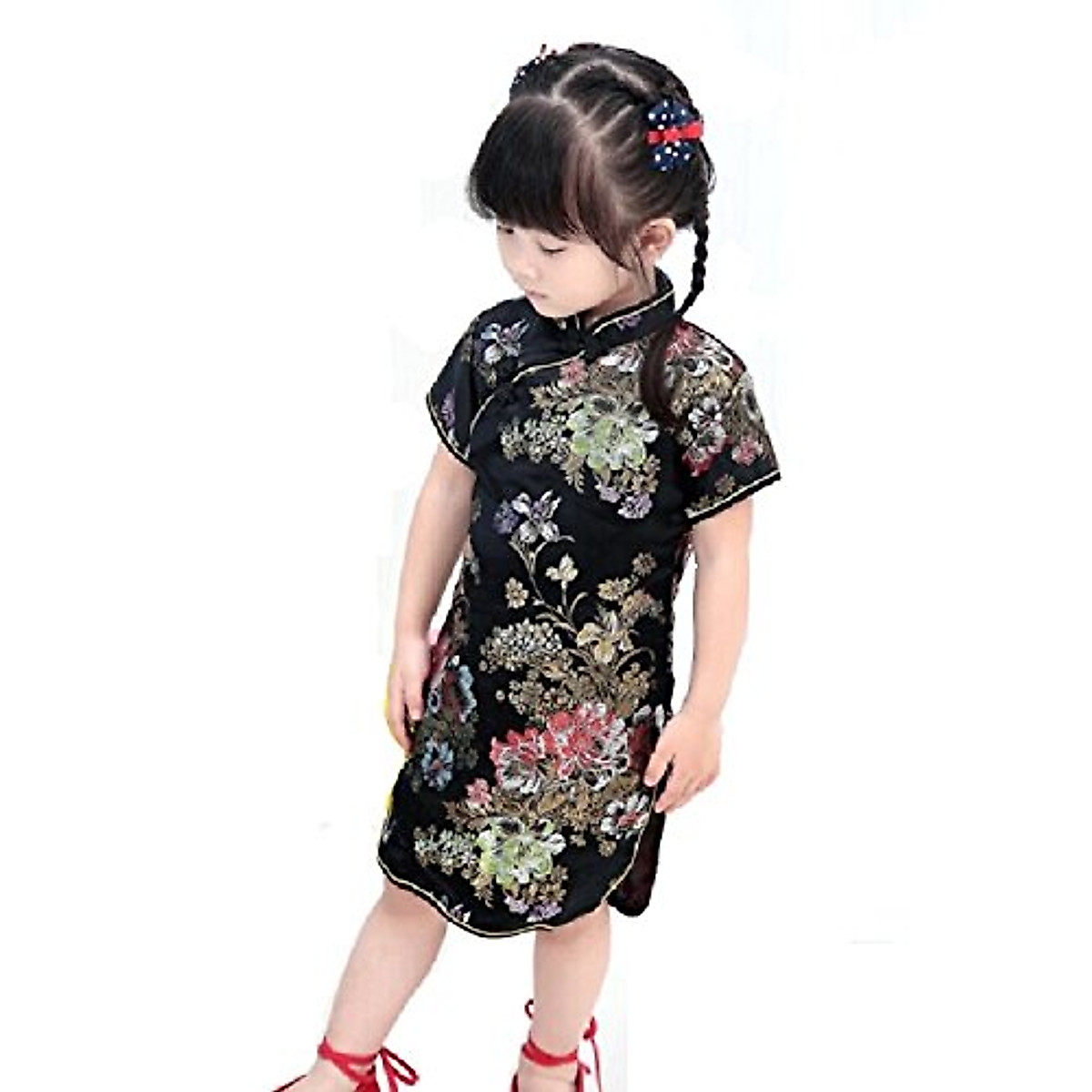 Hooyi Floral Baby Qipao Girl Dress Chi-Pao Cheongsam Kids Dresses (Black Peony, 8)