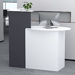 ECACAD Reception Desk with Lockable Drawer and Open Shelves, Office Desk Reception Counter Table, Dark Grey and White (50”W x 22.2”D x 43.3”H)