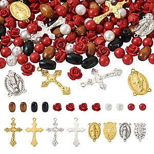 Mega Pet 180Pcs Catholic Rosary Jewelry Making Kits 3D Rose Cinnabar Beads with Barrel Wood Beads Round Glass Pearl Beads Crucifix Cross Pendants Rosary Beads for DIY Necklace Bracelet Jewelry Making