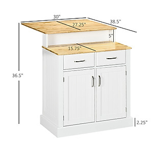 HOMCOM Kitchen Island with Storage Cabinet and 2-Level Rubber Wood Tabletop, Island Table with Adjustable Shelves and Drawers, White